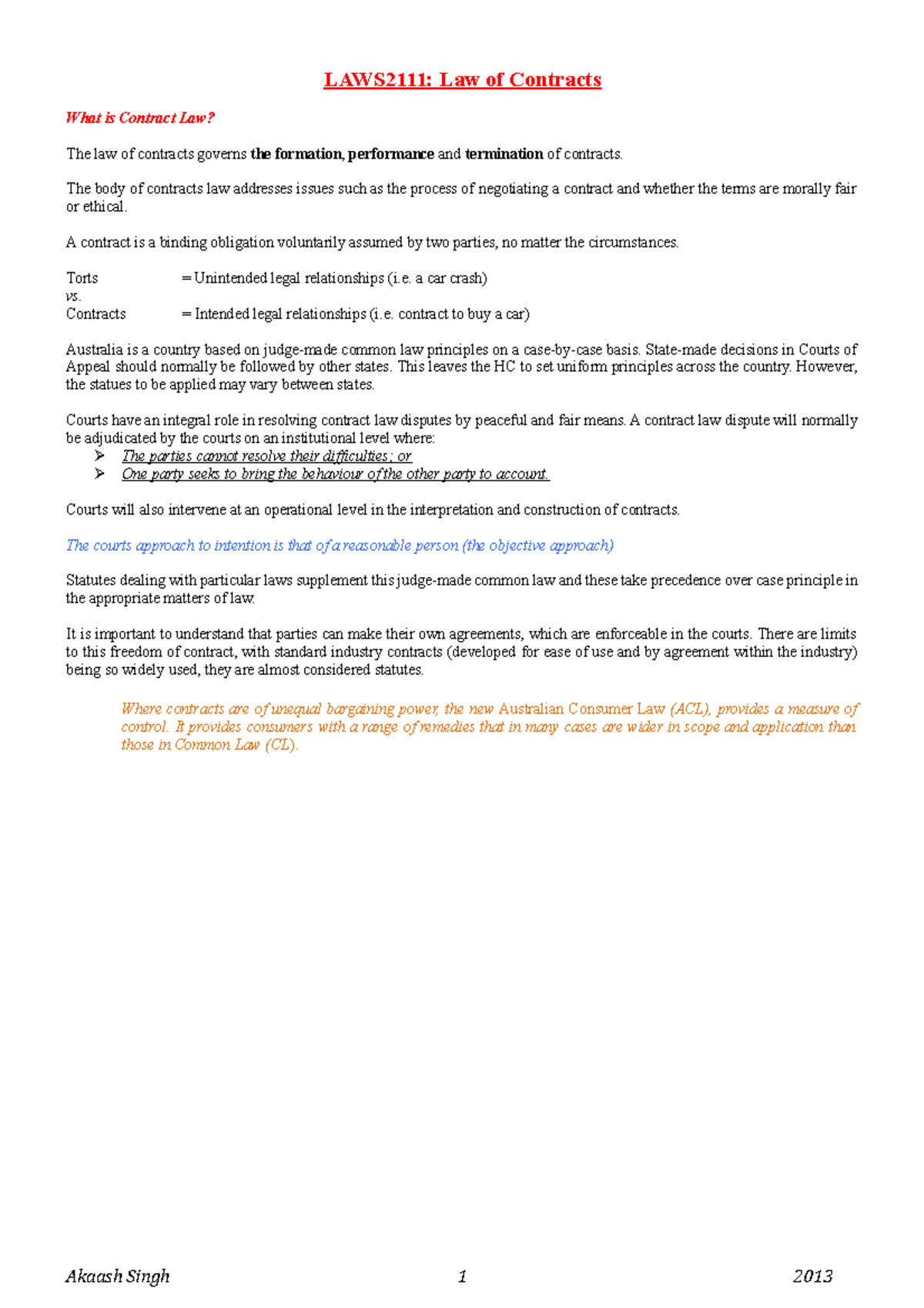 Summary - law of contracts - LAWS2111: Law of Contracts What is ...
