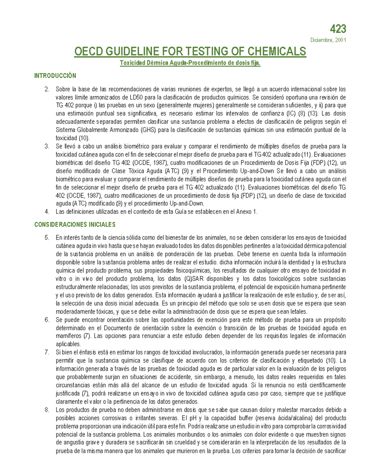 OECD 402 OCT 2017 Toxicidad Dermica Aguda - 423 Diciembre, 2001 OECD ...