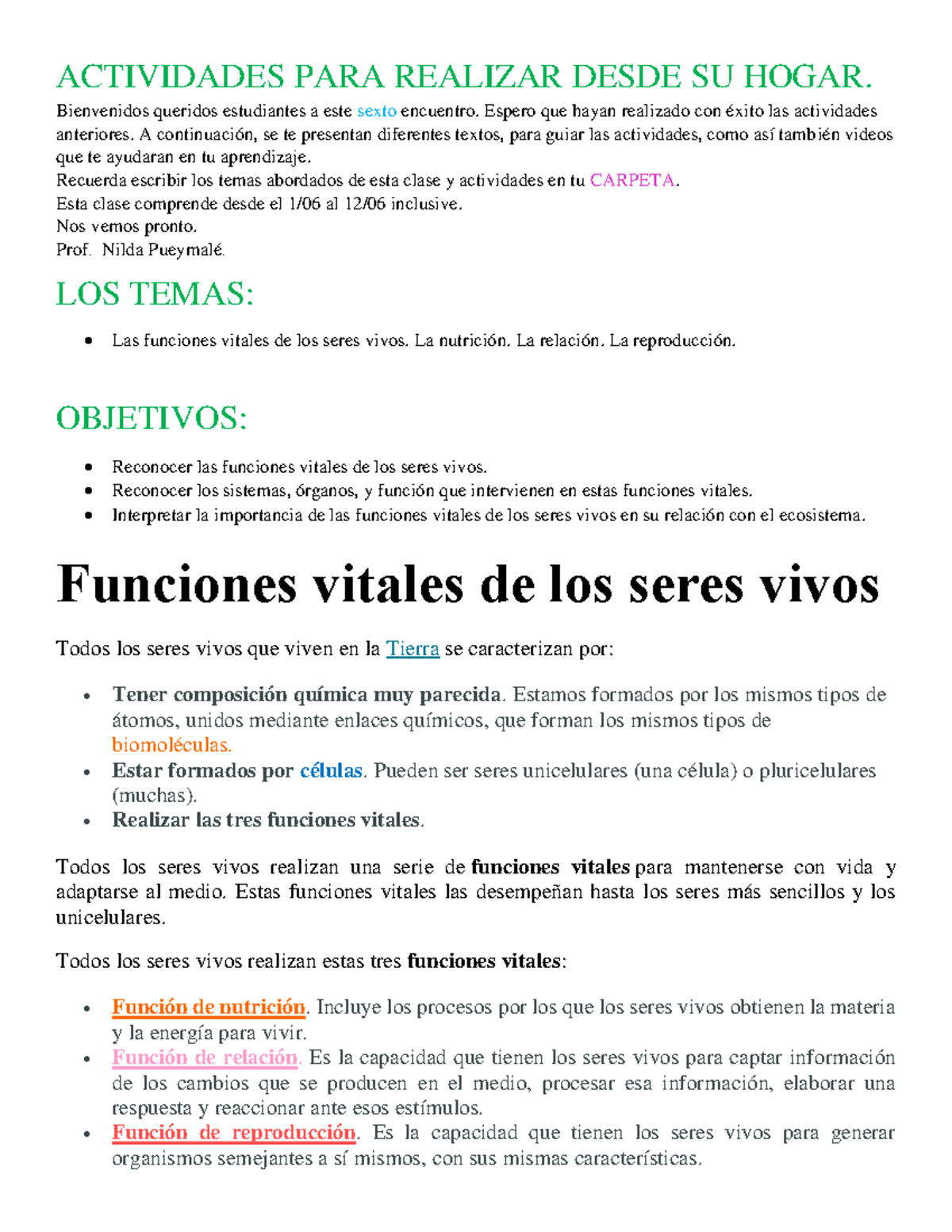 6 - Funciones Vitales DE LOS Seres Vivos - ACTIVIDADES PARA REALIZAR ...