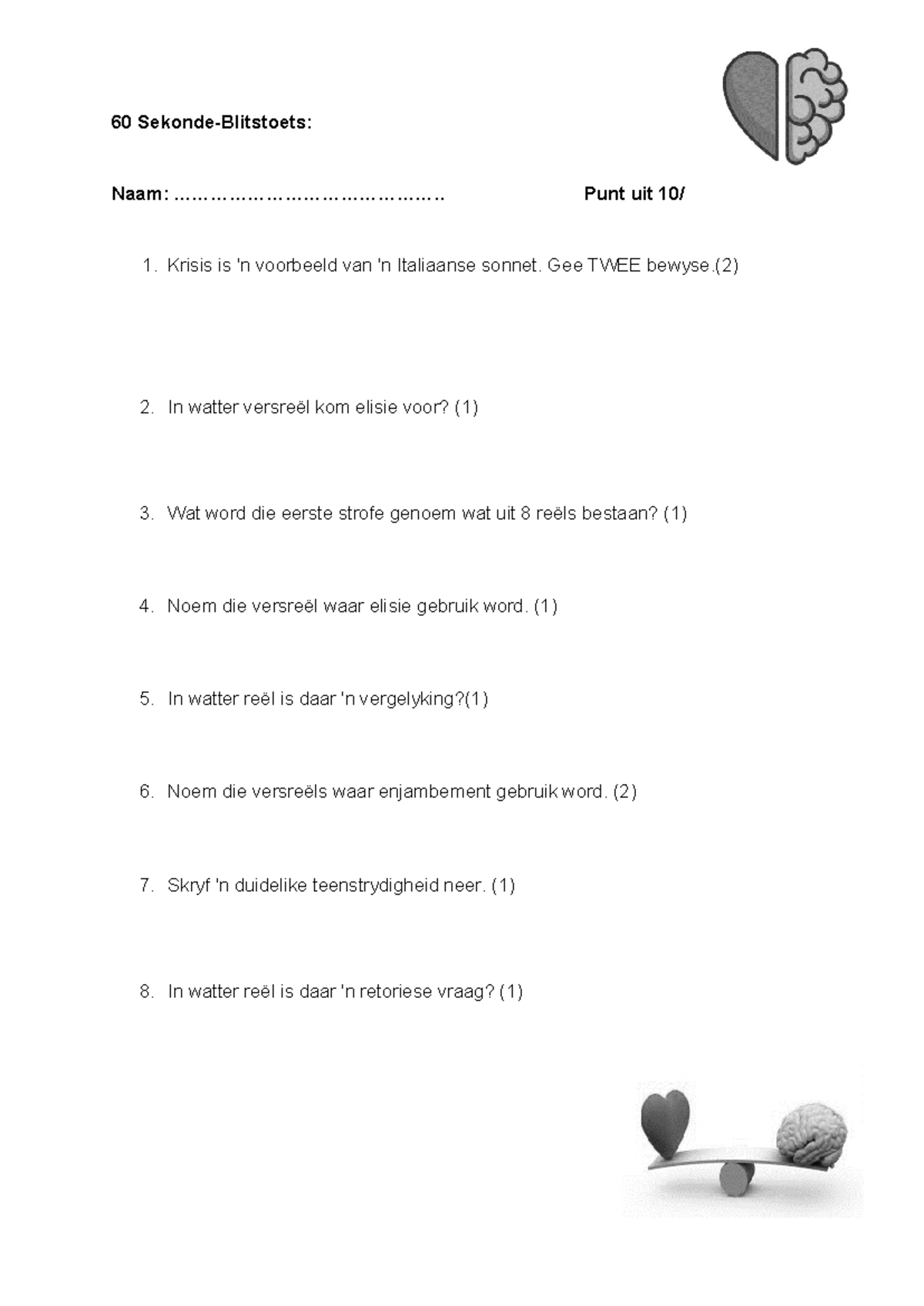 1. Krisis Blitstoets - Test questions based on the poem, Krises - 60 ...