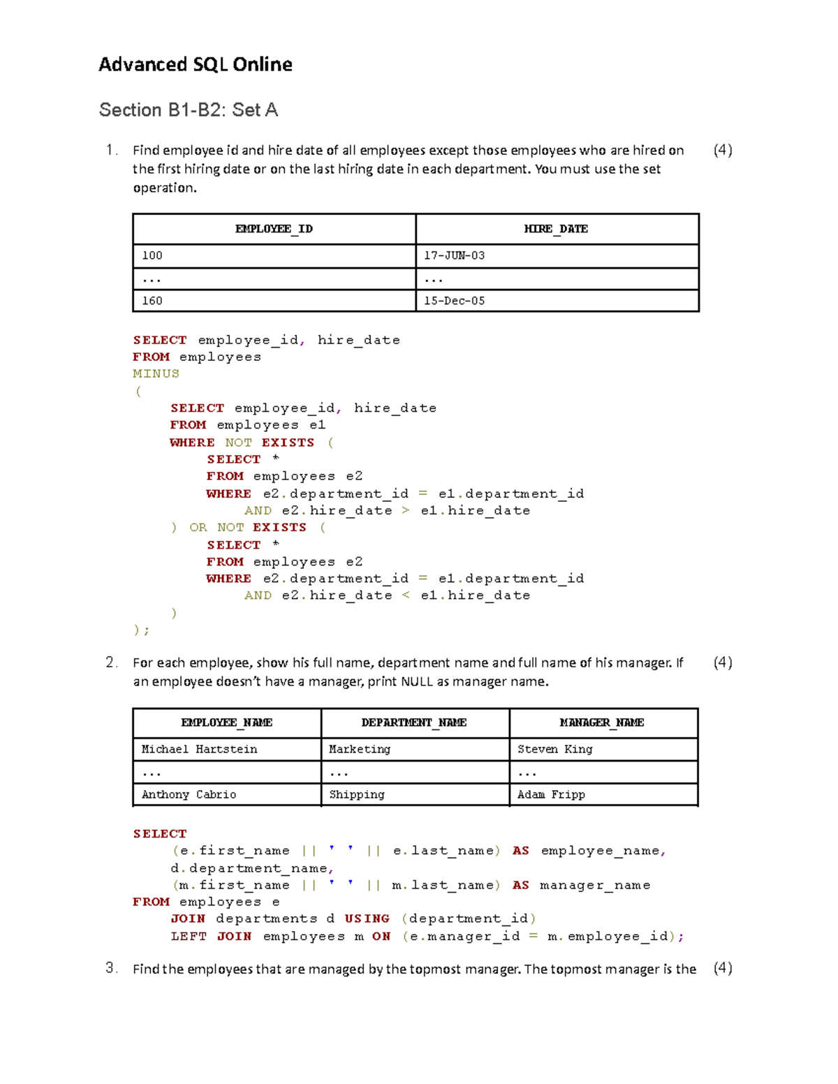 Advanced SQL Online Solution - Advanced SQL Online Section B1-B2: Set A ...