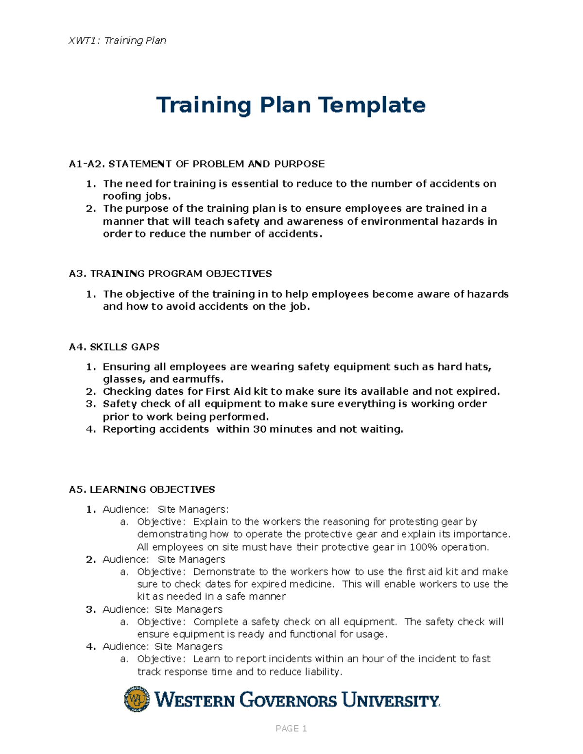 C235 Task 1 Training Plan Template - XWT1: Training Plan Training Plan ...