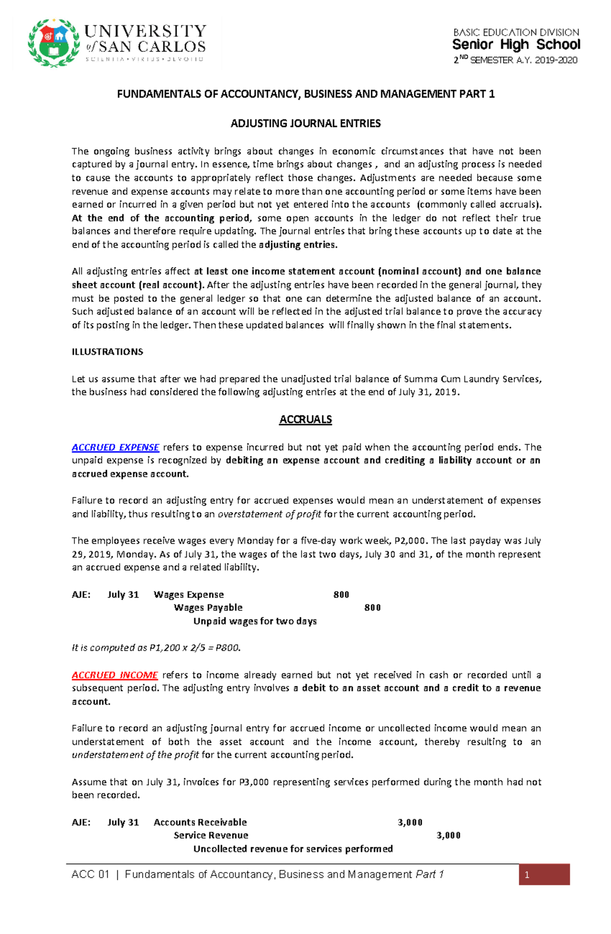 ACC 01 Adjusting Entries Notes 1 - FUNDAMENTALS OF ACCOUNTANCY ...
