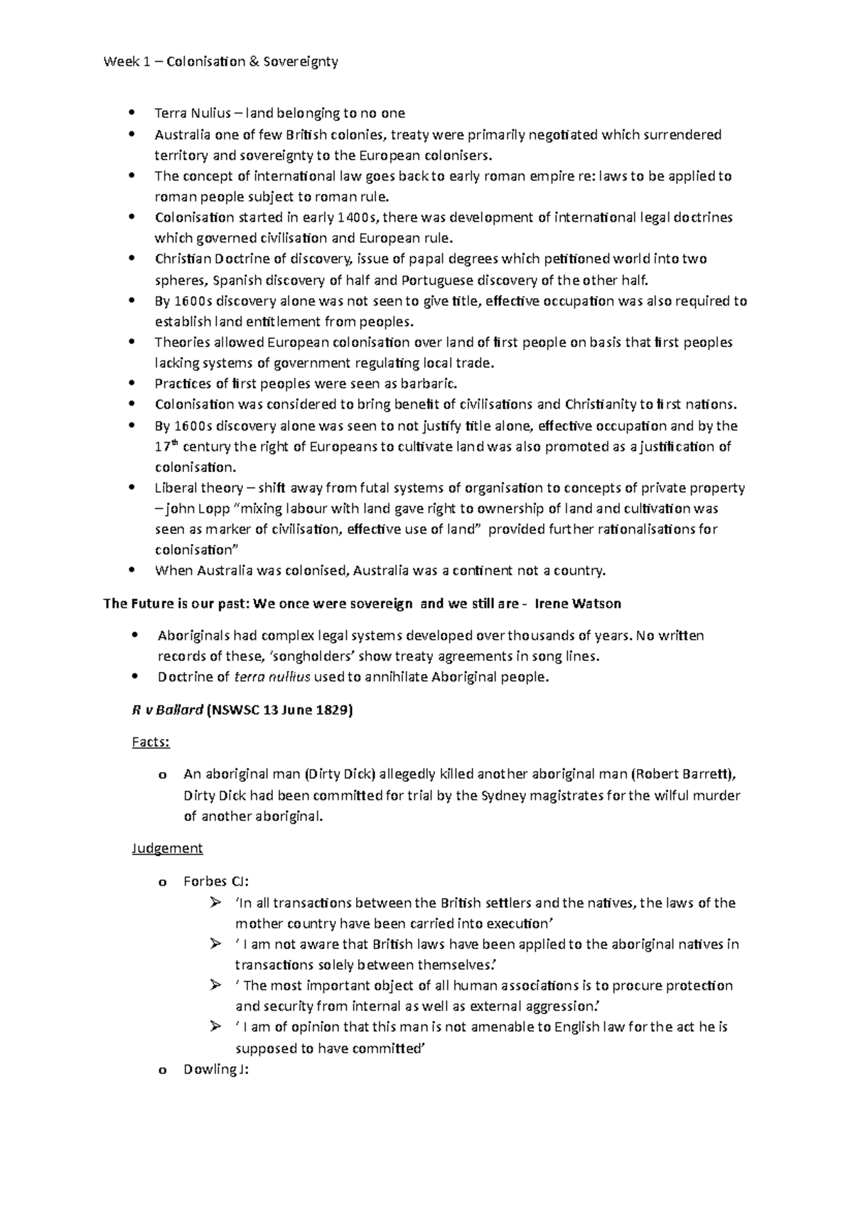 Week 1 - Colonisation and sovereignty - Terra Nulius – land belonging ...