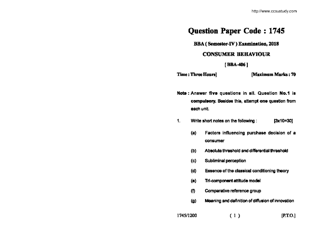 Bba 4 Sem Consumer Behaviour 1745 2018 Bba Ccsustudy Ccsustudy