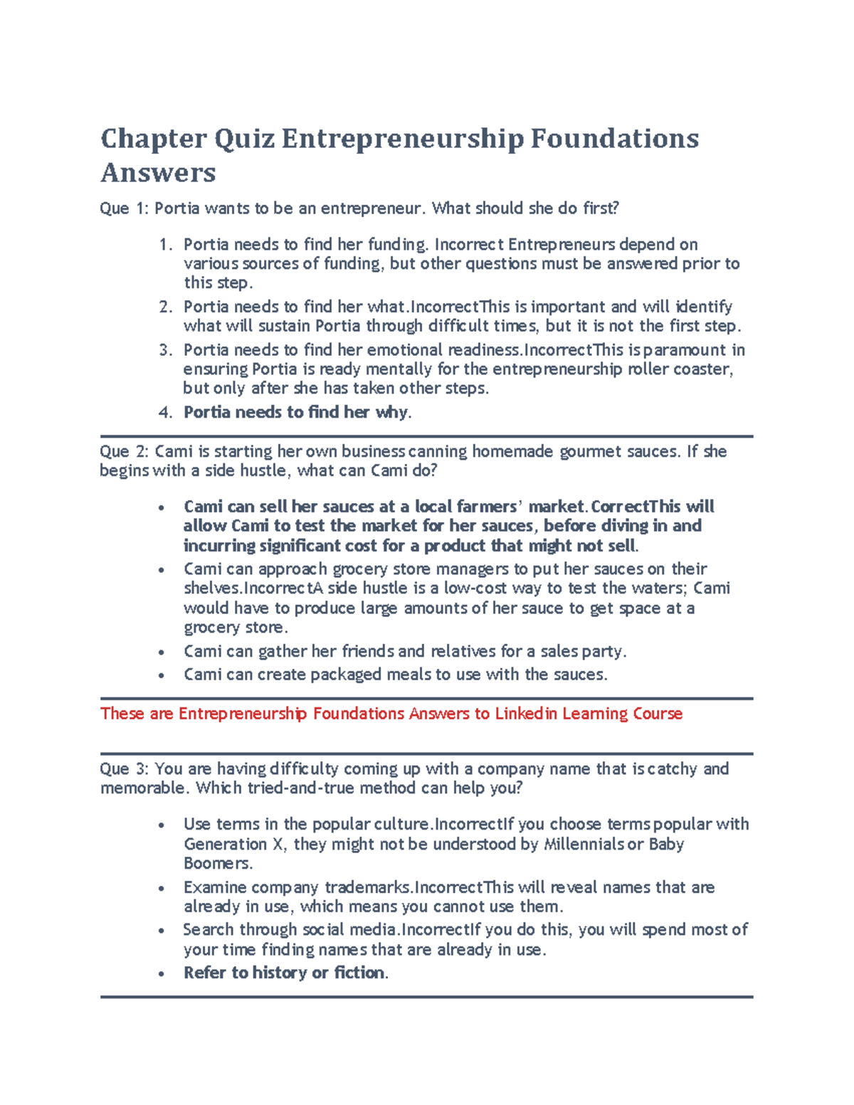 Chapter Quiz Entrepreneurship Foundations Answers - What should she do ...