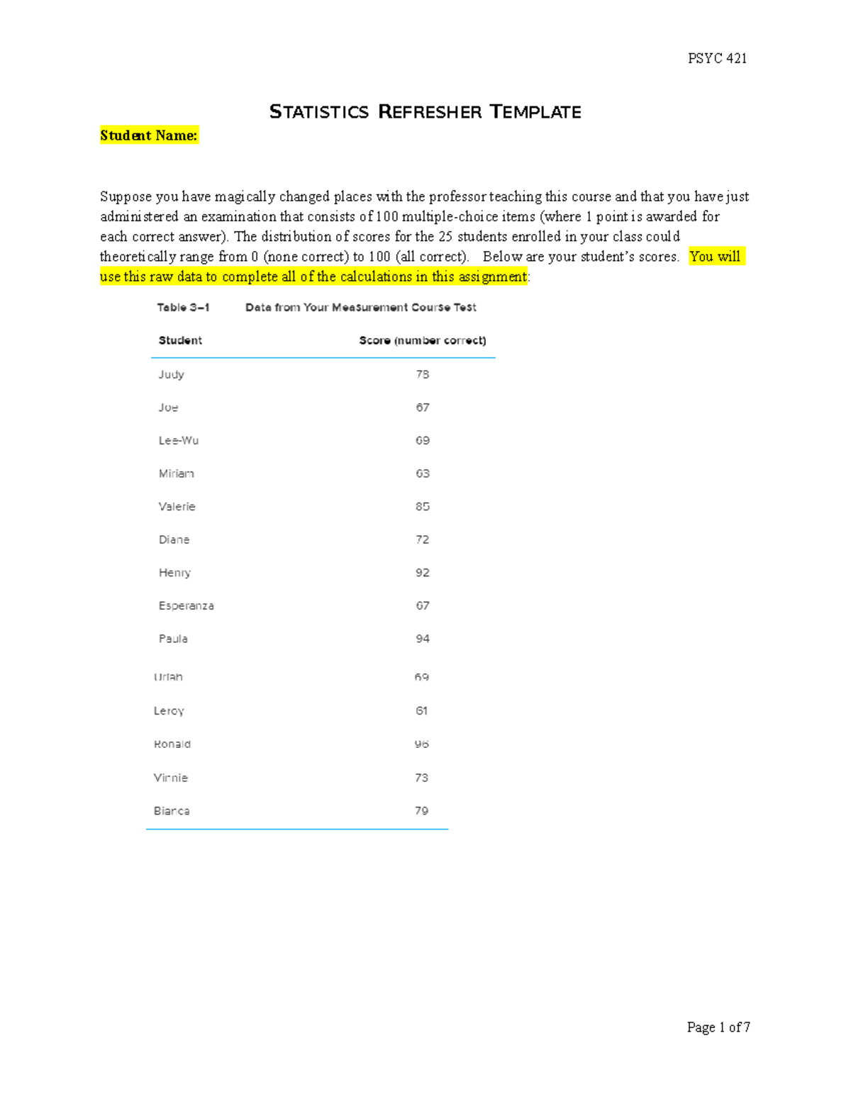 Statistics Refresher Template - STATISTICS REFRESHER TEMPLATE Student ...