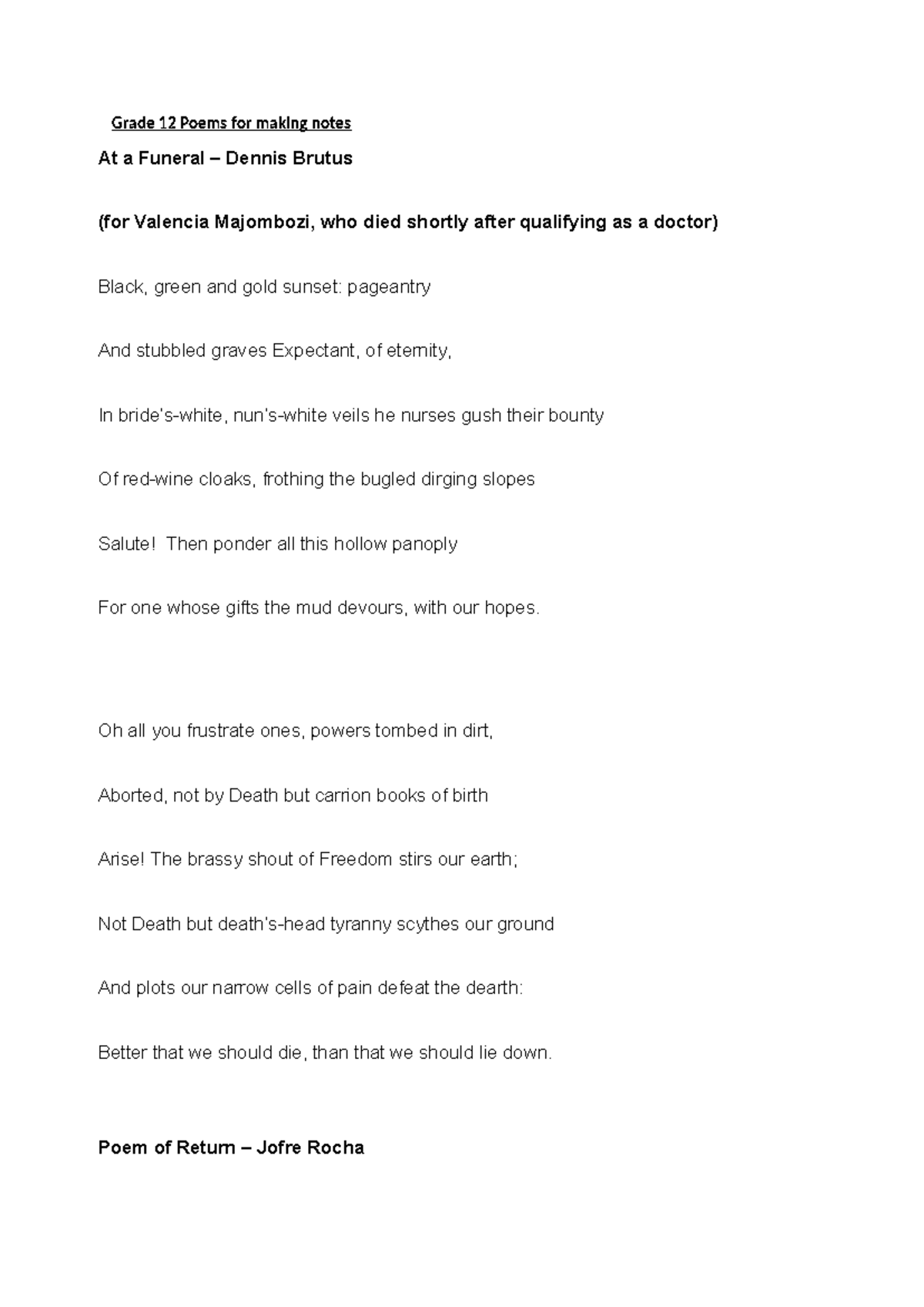 Grade 12 Poems for making notes 2023 - Grade 12 Poems for making notes ...
