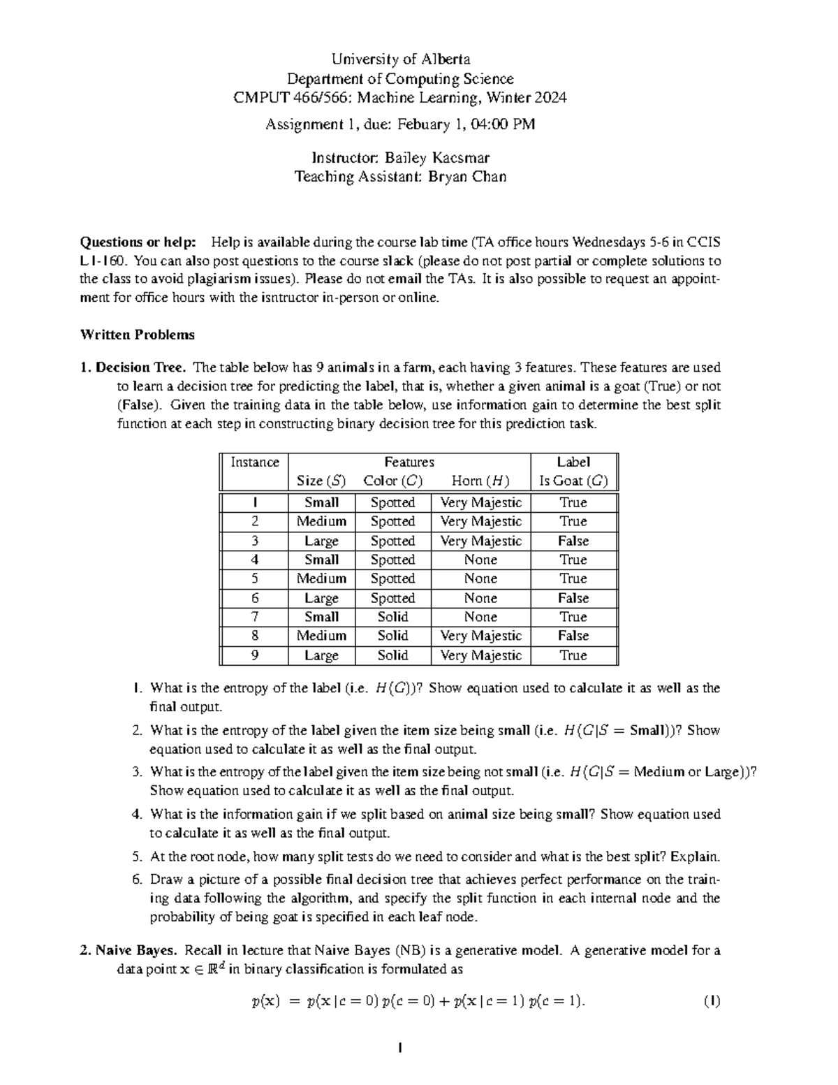 Assignment 1 466/566 W24 - University of Alberta Department of Computing Science CMPUT 466/566 ...