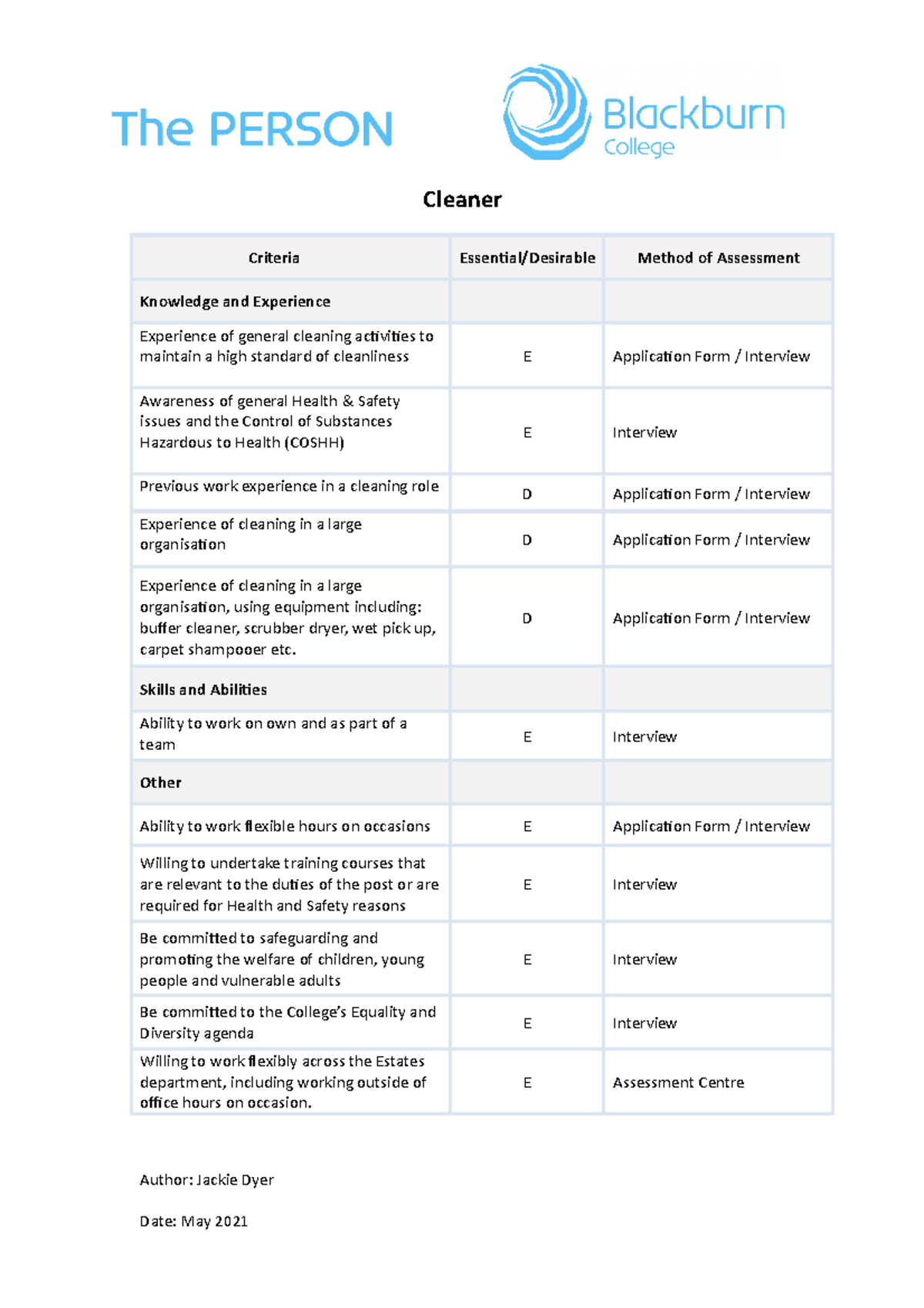 Cleaner-ps - ggggggggggg - Cleaner Criteria Essential/Desirable Method ...