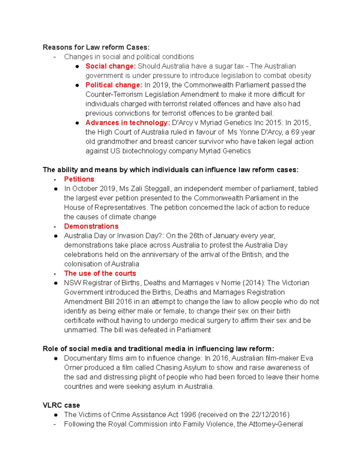 Legal Studies - Case Studies - Reasons for Law reform Cases: - Changes ...