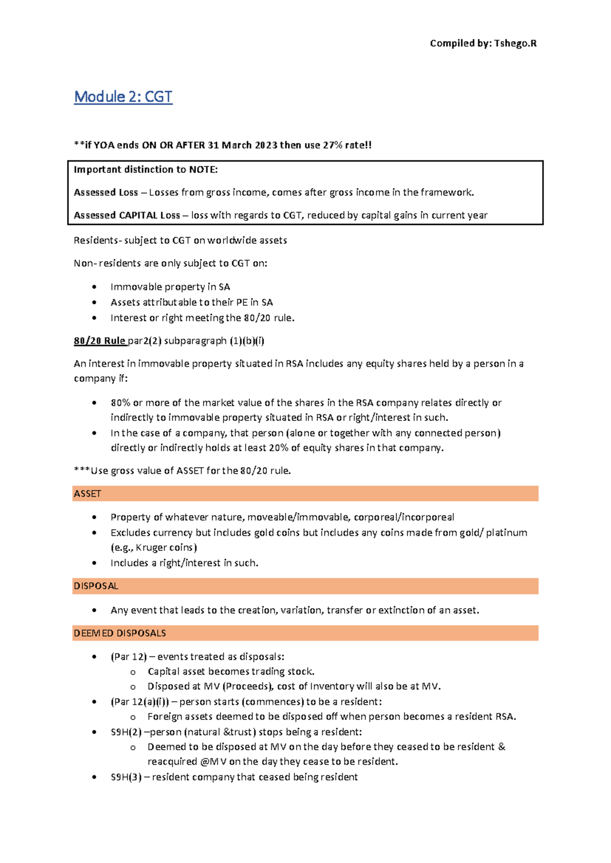 Tax 2 CGT - Summary Taxation II - Module 2: CGT **if YOA ends ON OR ...