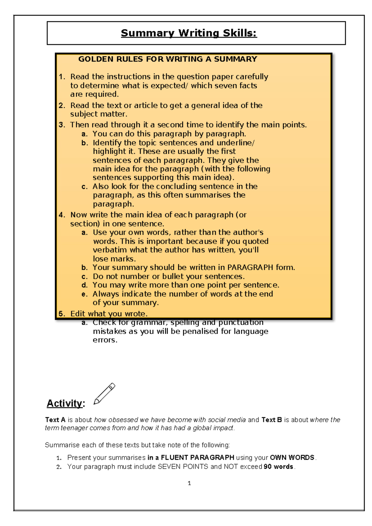 Summary Writing Skills Activity Gr - Summary Writing Skills: GOLDEN ...