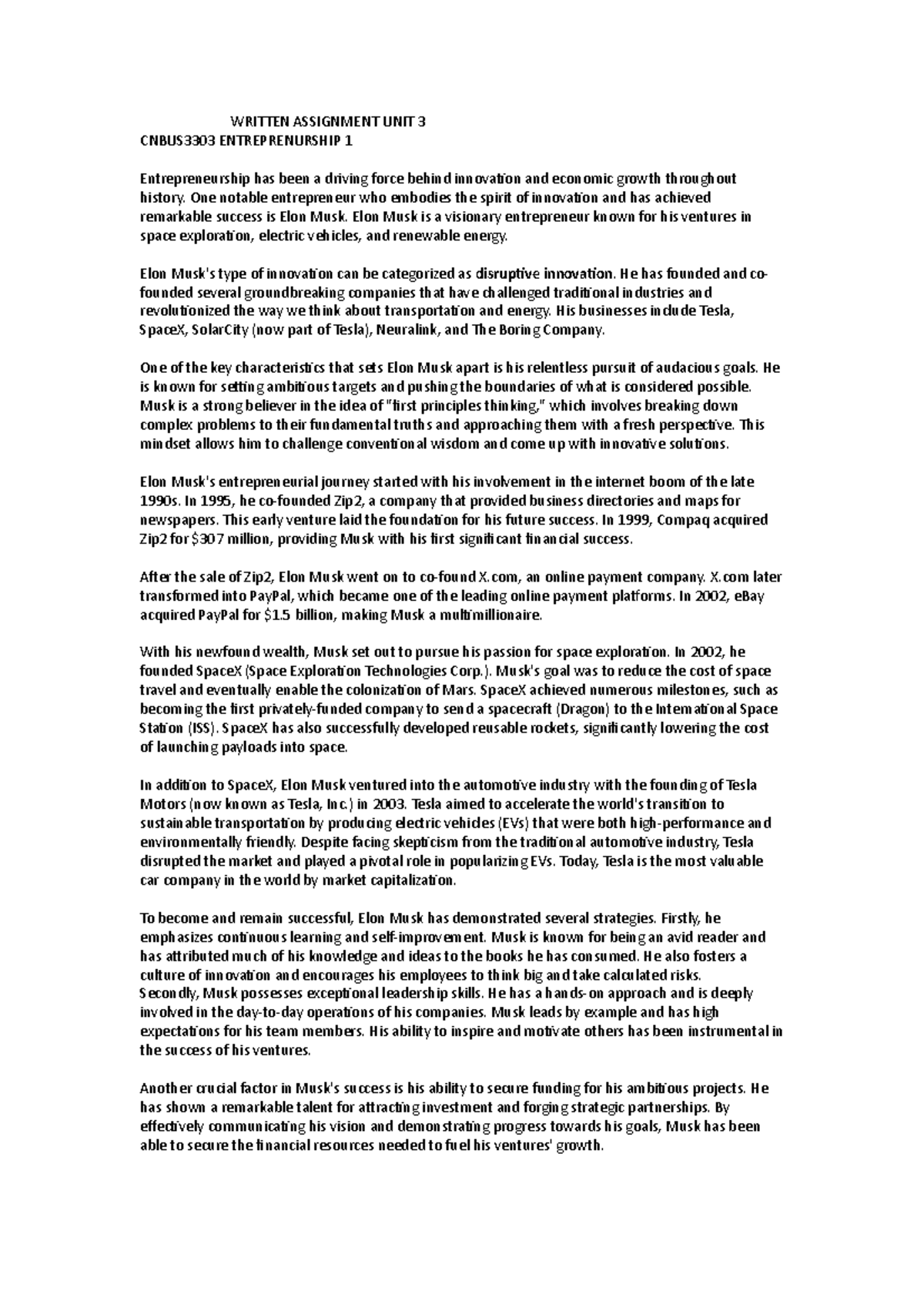 Written Assignment UNIT 3 Cnbus 3303 - WRITTEN ASSIGNMENT UNIT 3 CNBUS3303 ENTREPRENURSHIP 1 ...