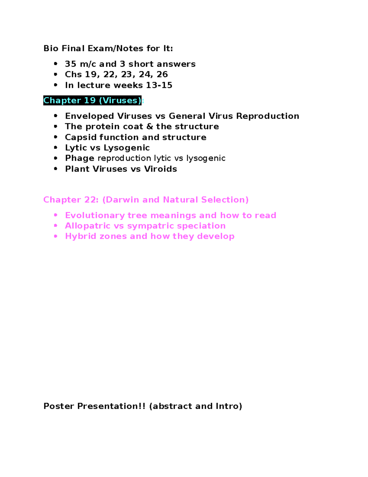 Finals notes - Tutorial work - Bio Final Exam/Notes for It: 35 m/c and ...