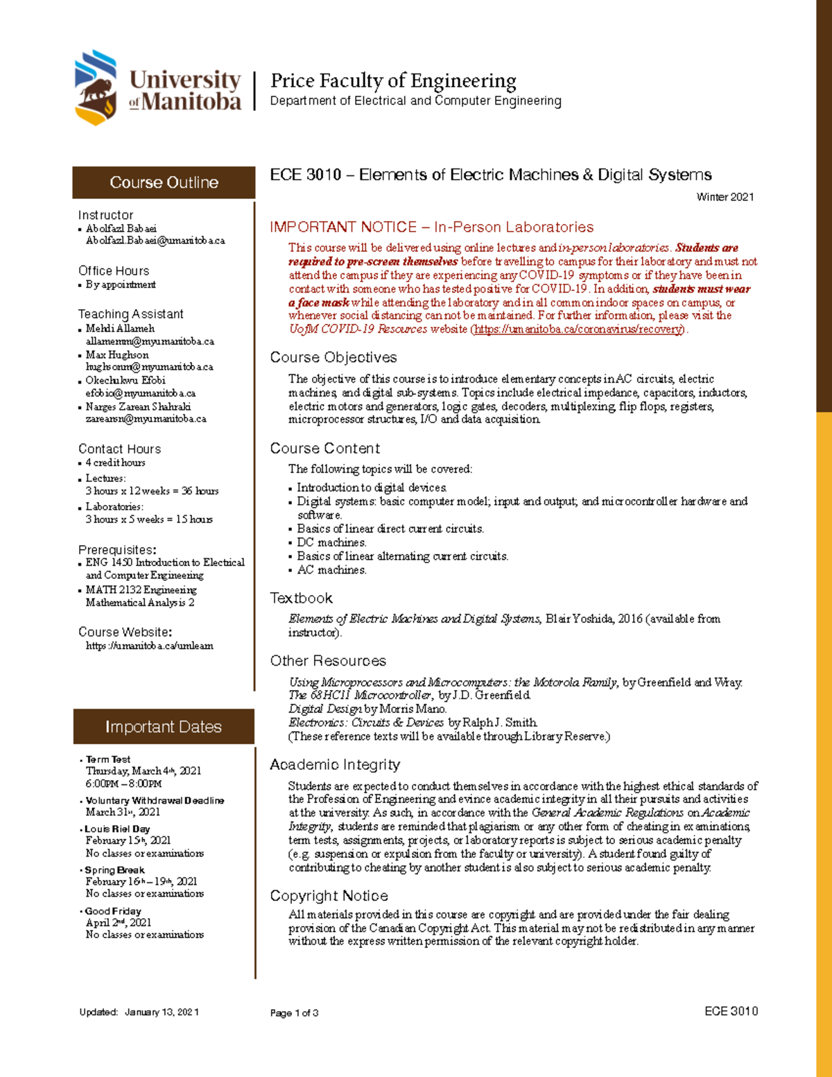 ECE 3010 Outline Winter 2021 - ECE 3010 – Elements of Electric Machines ...