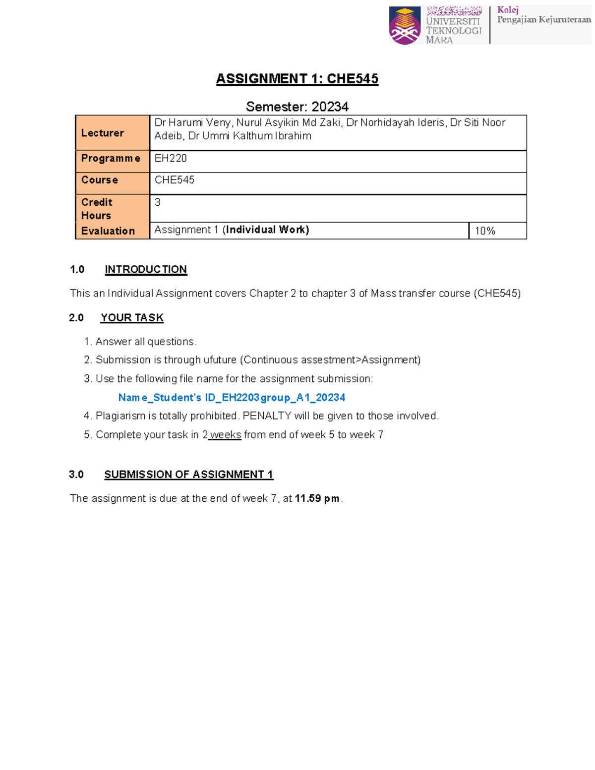 Assignment 1 october 2023rev3 - ASSIGNMENT 1: CHE Semester: 20234 ...