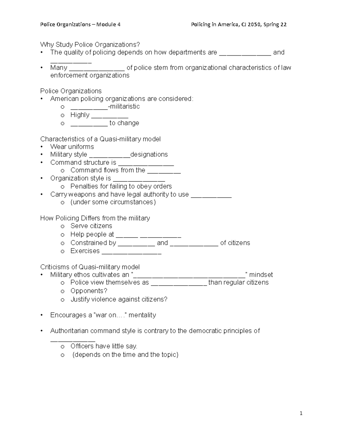 Ch 4 Study Guide - notes - Why Study Police Organizations? • The ...