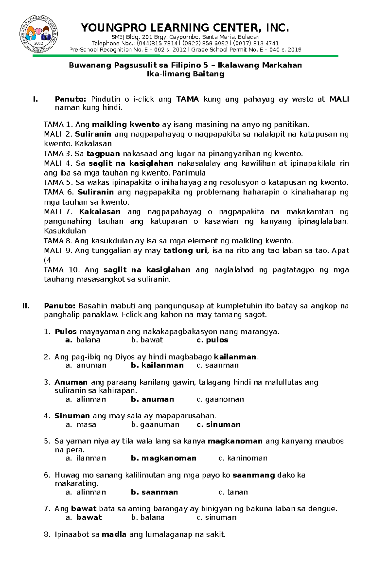 Filipino Grade 5 Sample Test YOUNGPRO LEARNING CENTER INC SM3J