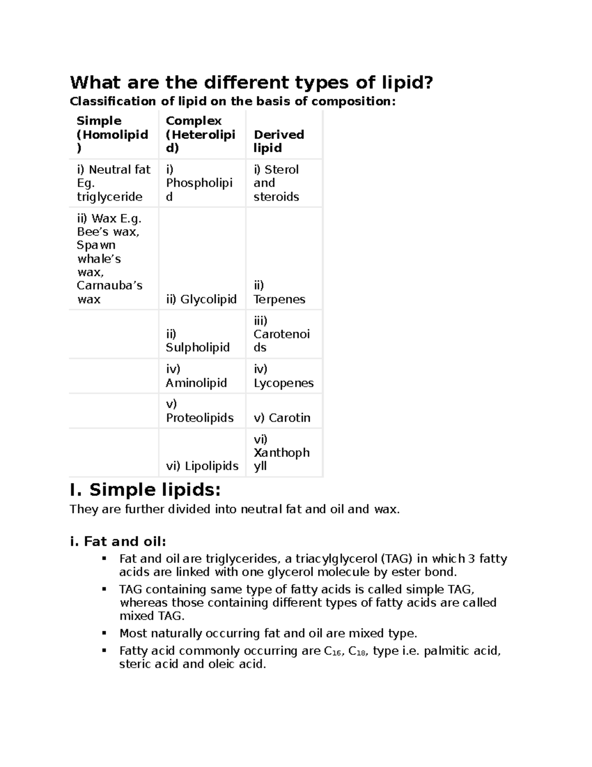 Biology Science 111 - What are the different types of lipid ...