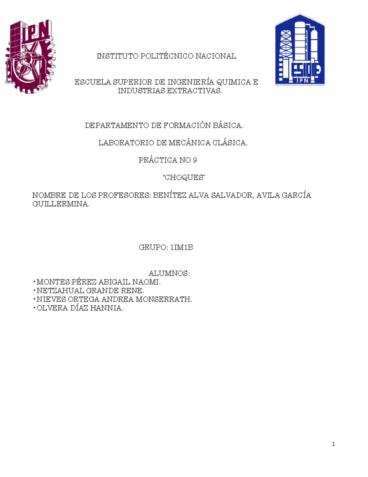 Practica 9 mecanica - INSTITUTO POLIT.. NACIONAL ESCUELA SUPERIOR DE INGENIERÕA QUIMICA E ...