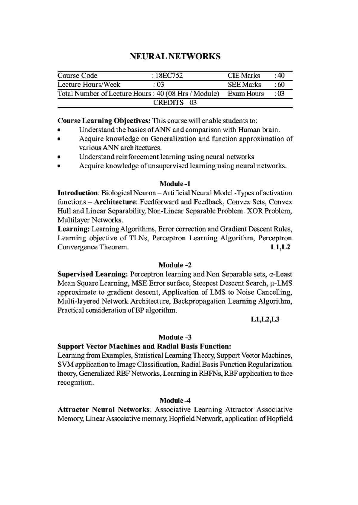 18EC752 syllabus - Artificial Neural Network - Studocu