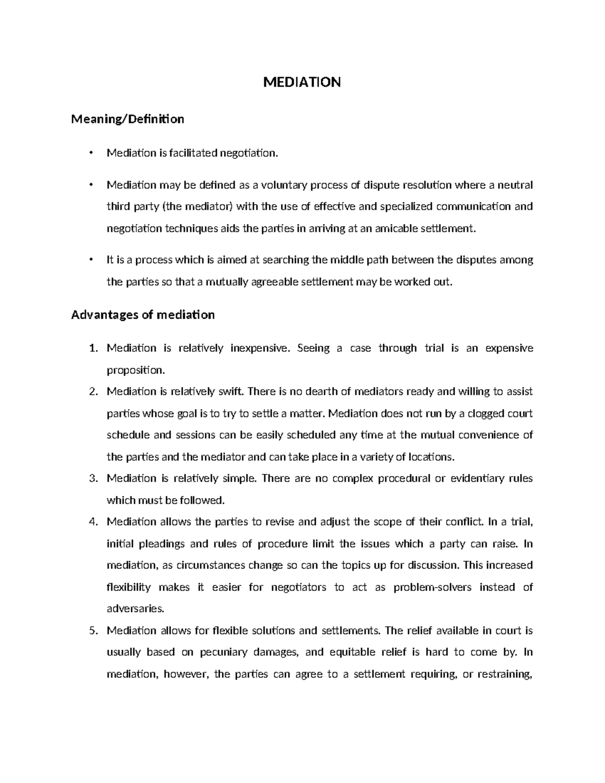 Mediation Notes - MEDIATION Meaning/Definition • Mediation is ...