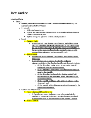 Torts Outline - Notes from Course - Torts Outline Intentional Torts ...