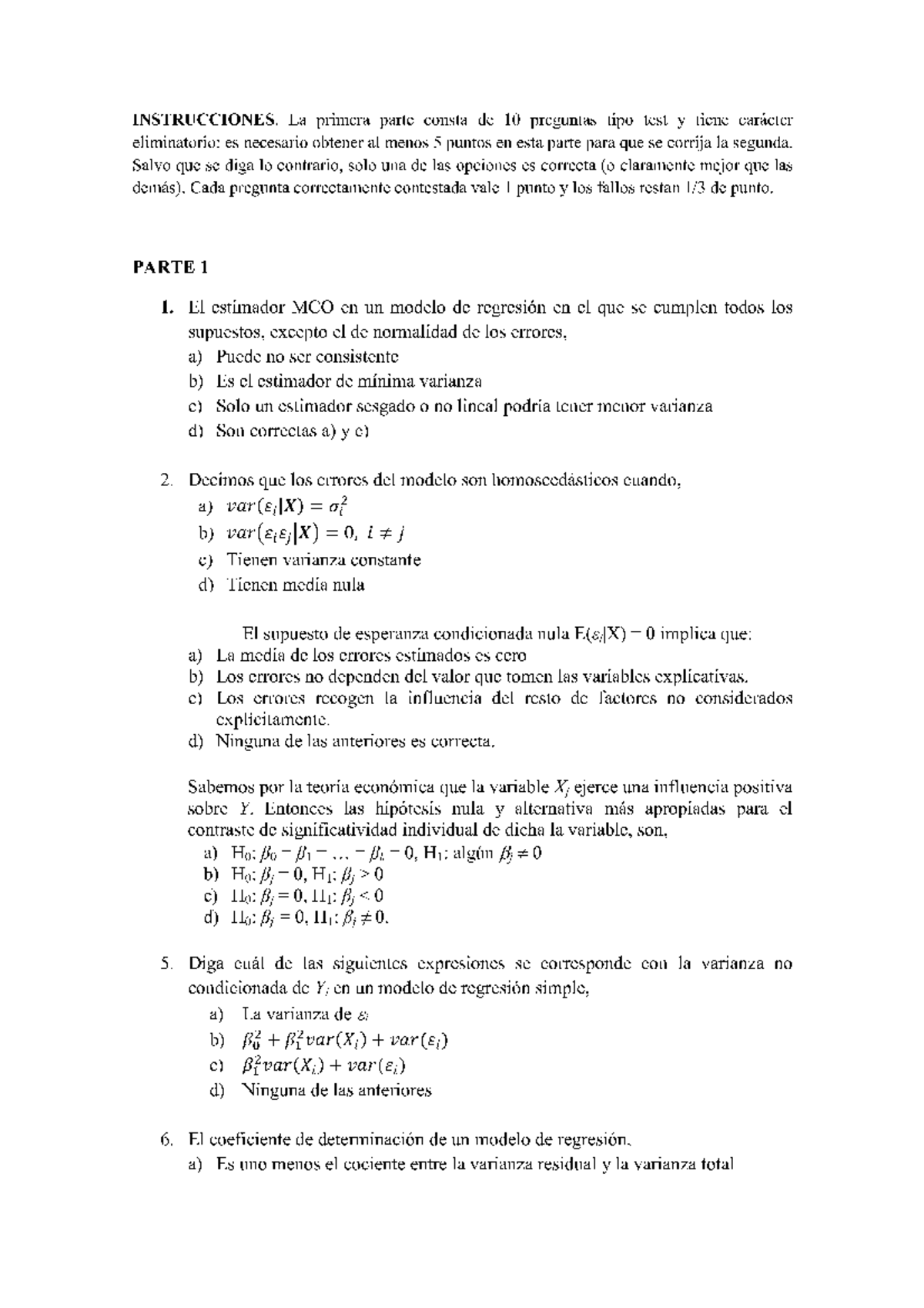 Examen Septiembre 2015, preguntas - Introducción a la Econometría - Studocu