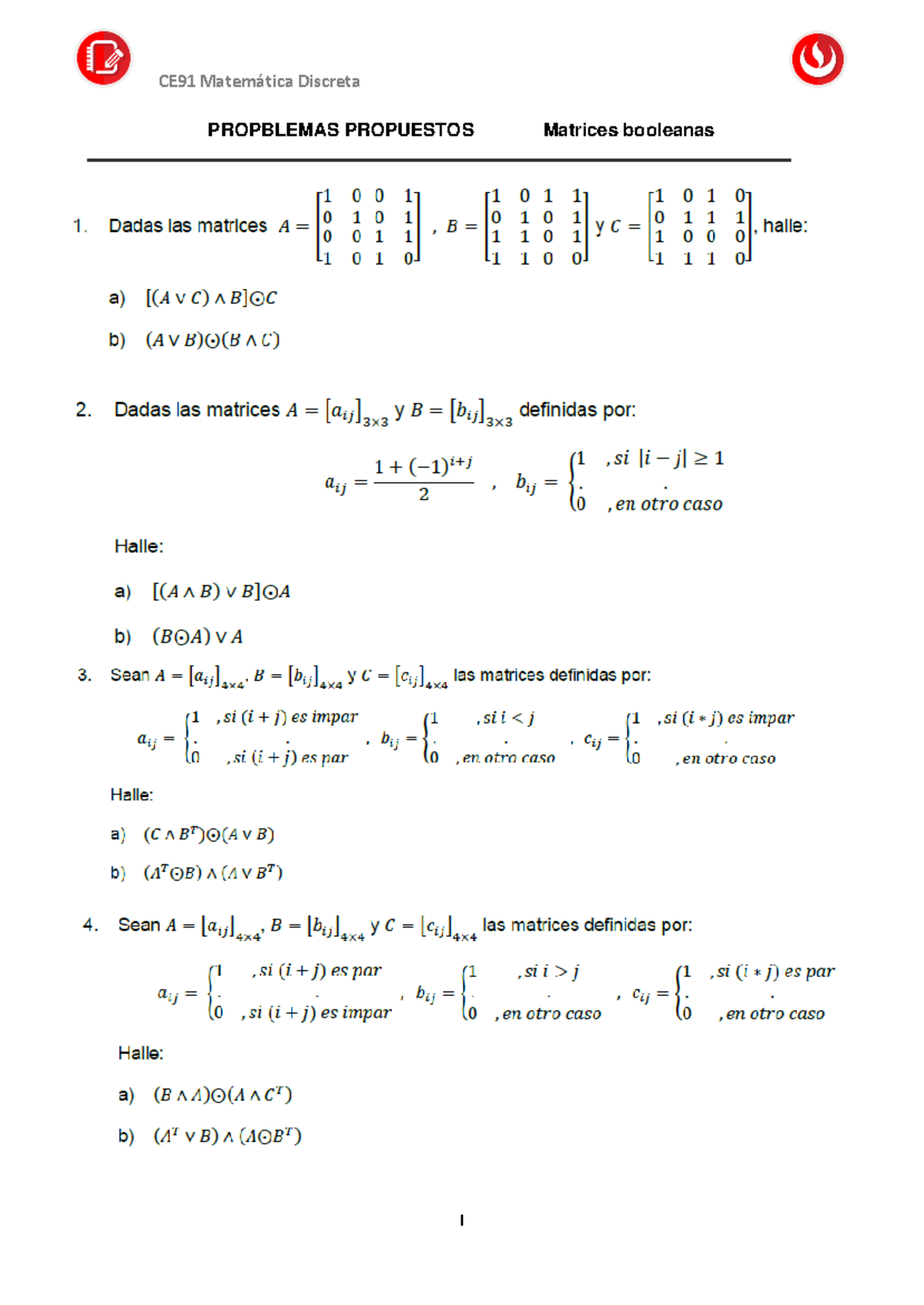 Matrices Booleana Problemas propuestos - Matemática Discreta - 1 CE91 ...