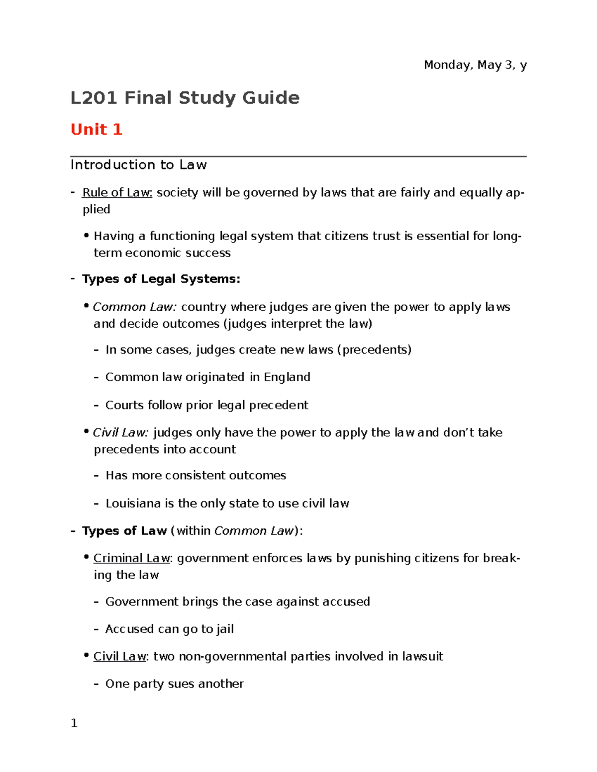 L201 Final Study Guide Grow - L201 Final Study Guide Unit 1 Introduction to Law - Rule of Law ...