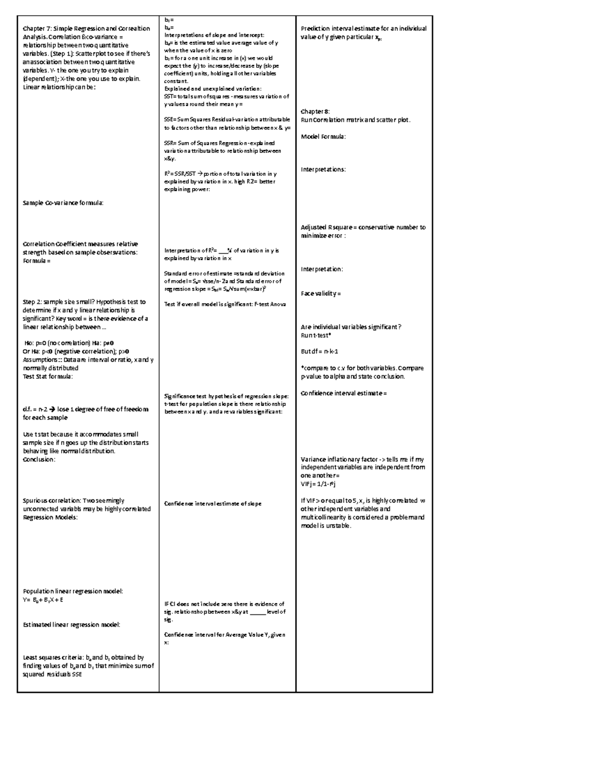 Formula sheet lecture 7 to 8 - Chapter 7: Simple Regression and ...