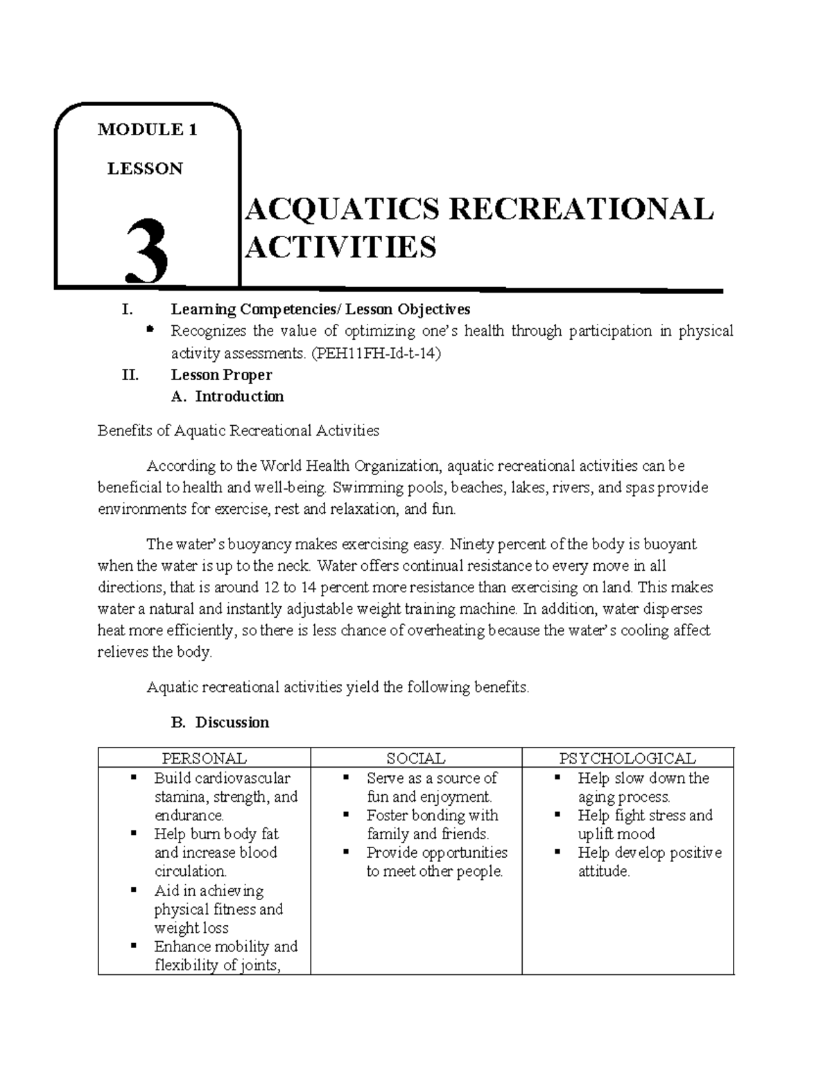 PE 4 MI W3 1 - ACQUATICS RECREATIONAL ACTIVITIES I. Learning ...