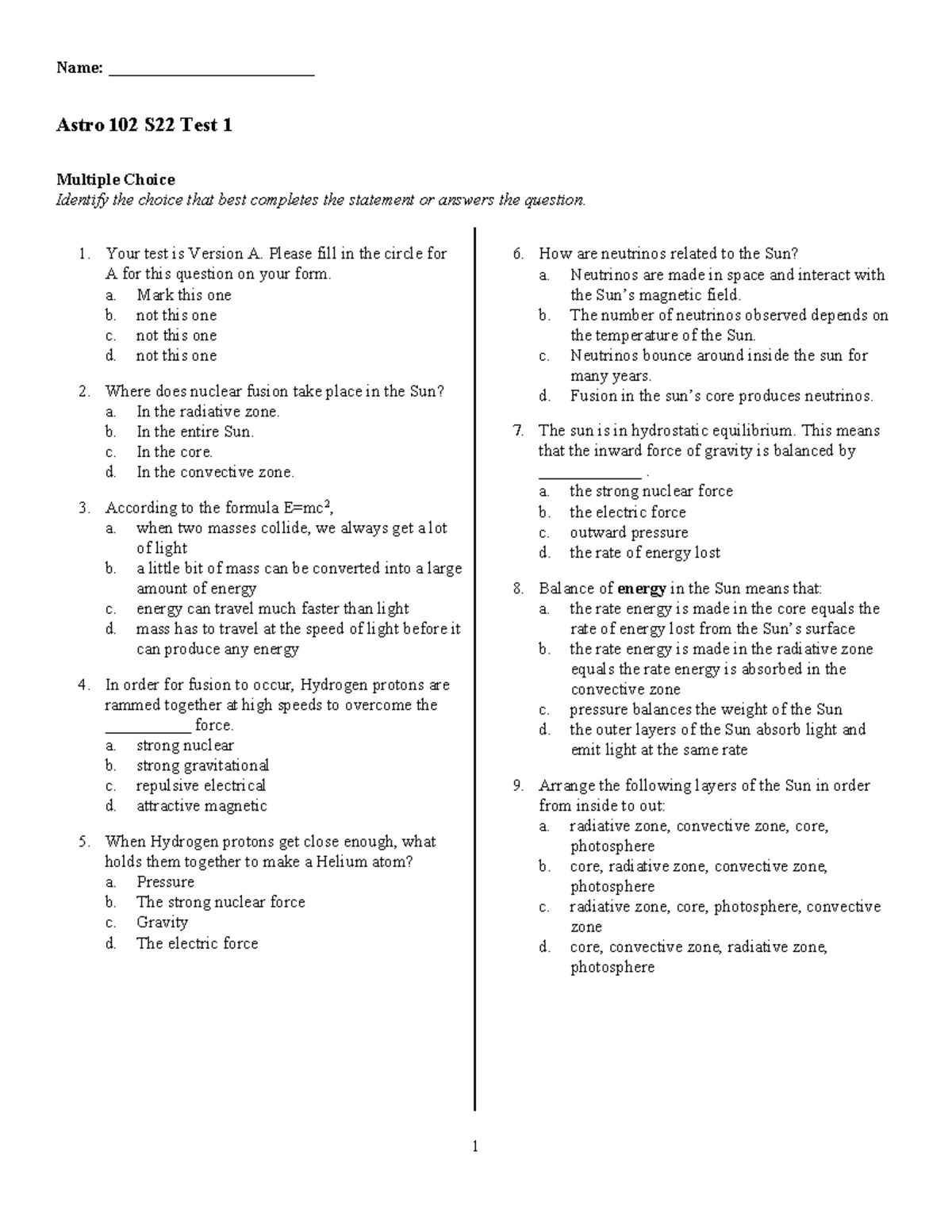 Astro Test 2021-2022 - Actual Test given by Professor; great practice ...
