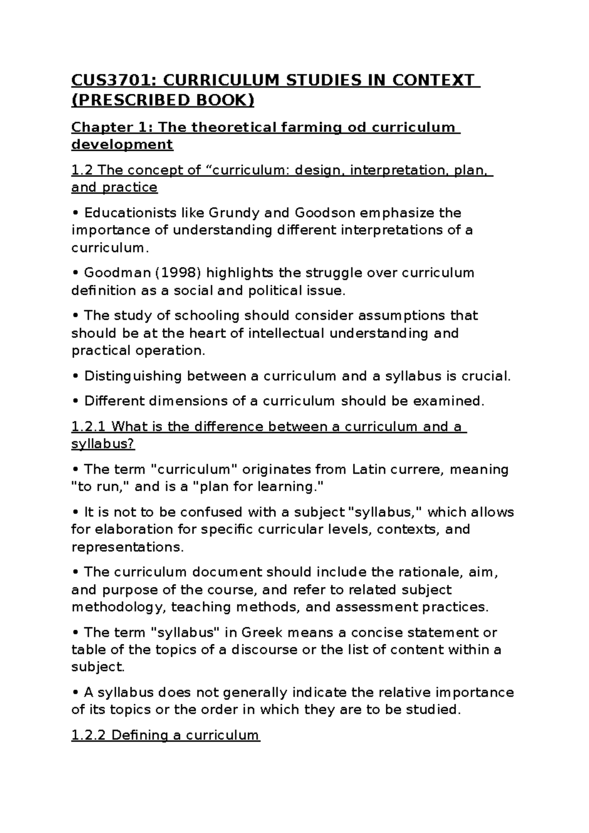 CUS3701 prescribed book summaries - CUS3701: CURRICULUM STUDIES IN ...