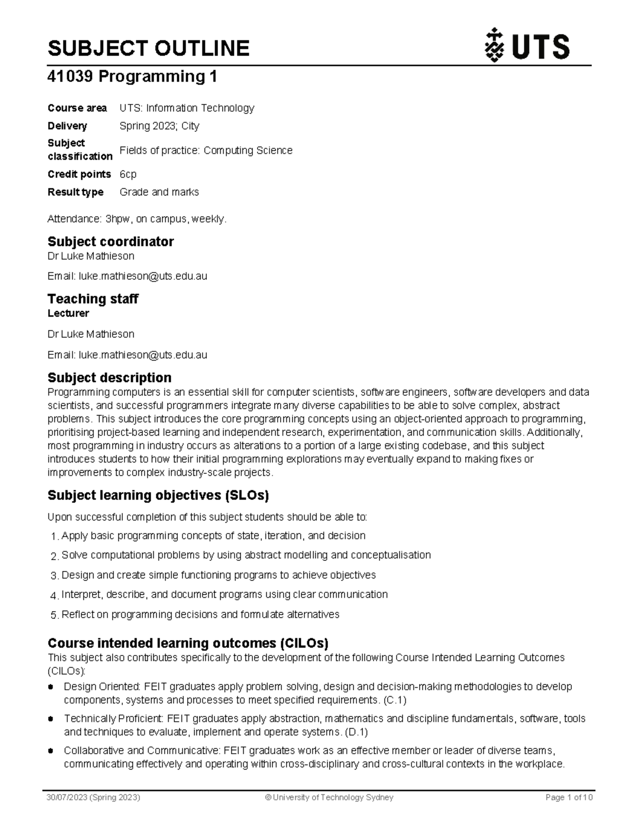 PDFs - Subject Outline - SUBJECT OUTLINE 41039 Programming 1 Attendance ...
