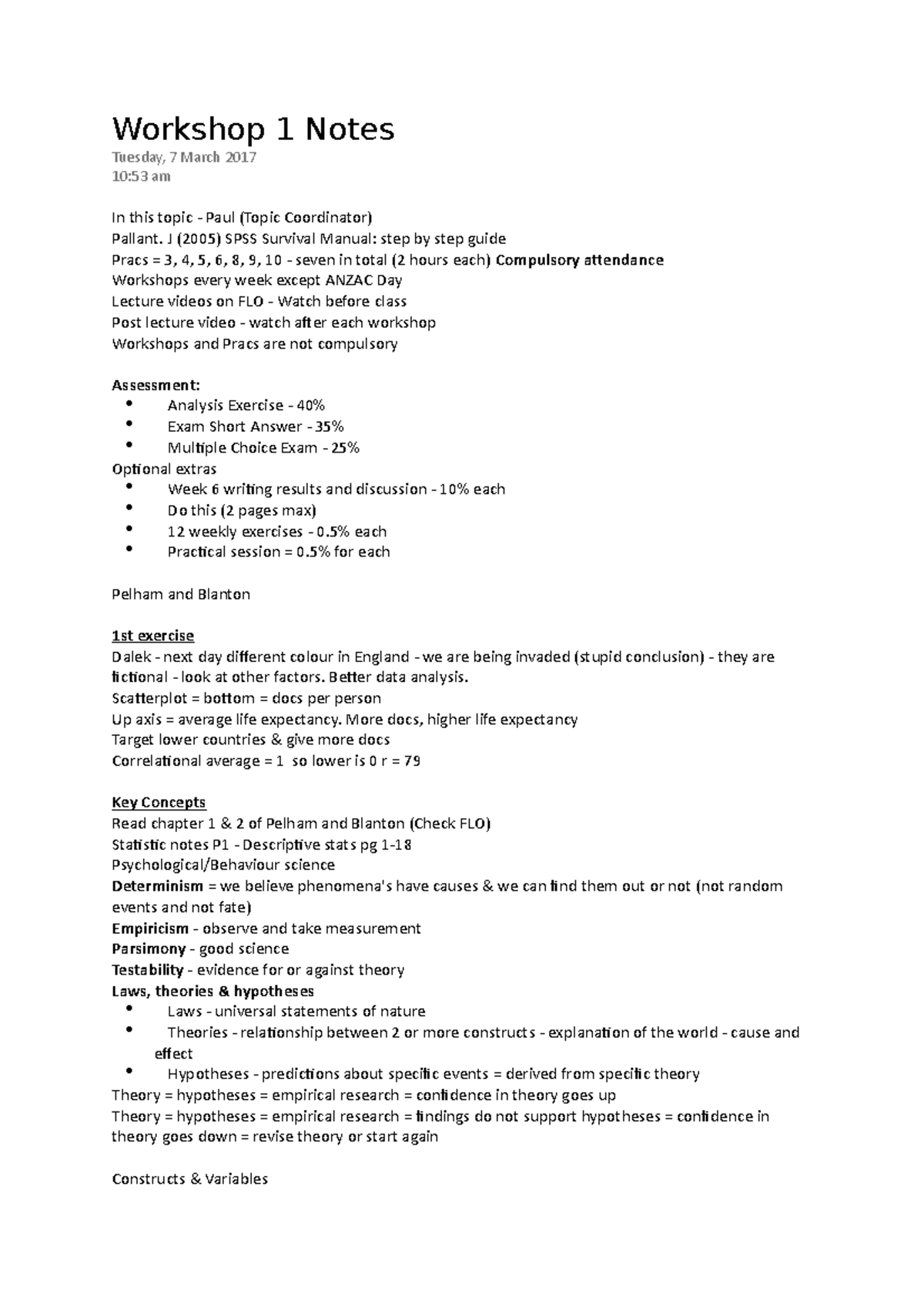 Full notes - Workshop 1 Notes Tuesday, 7 March 2017 10:53 am In this ...