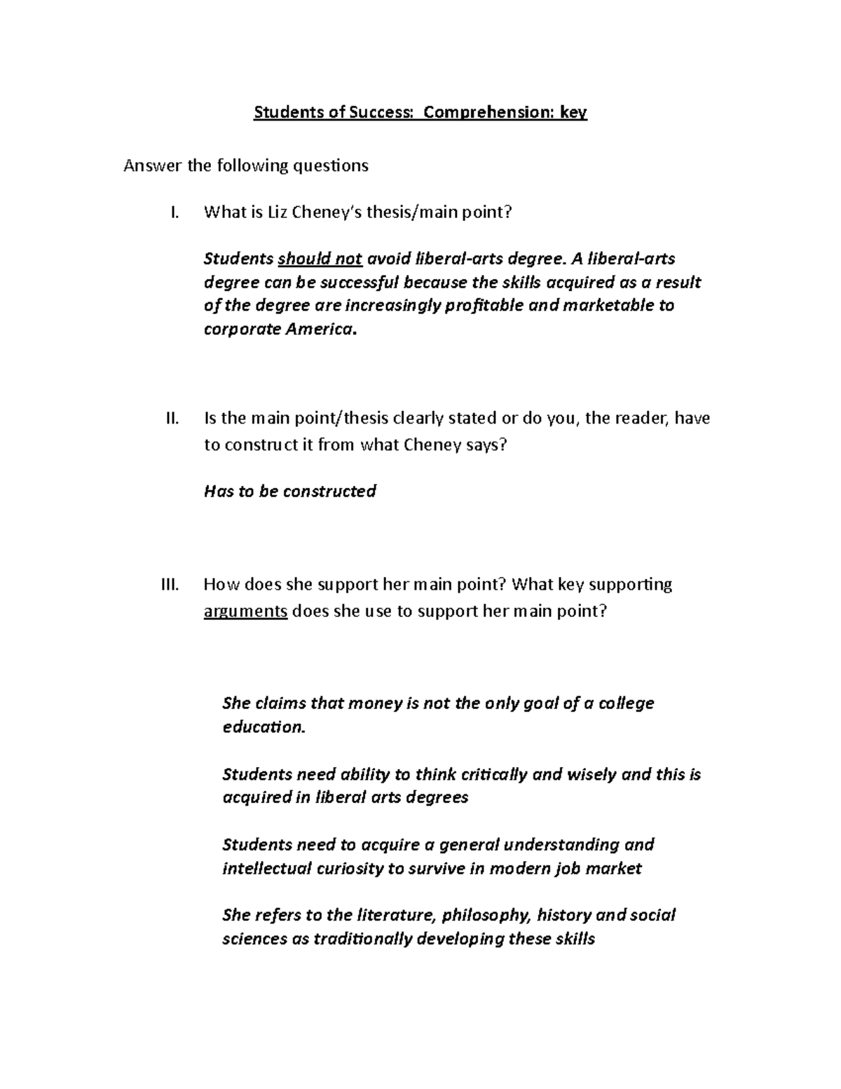 Students of Success comprehension task KEY - Students of Success ...