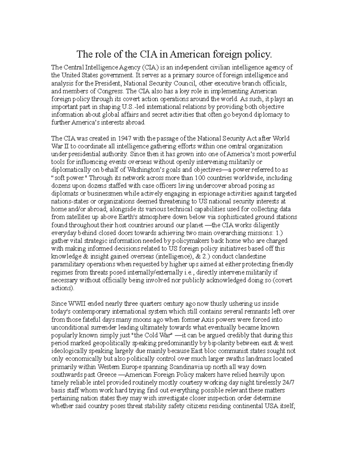 The role of CIA - The role of the CIA in American foreign policy. The ...