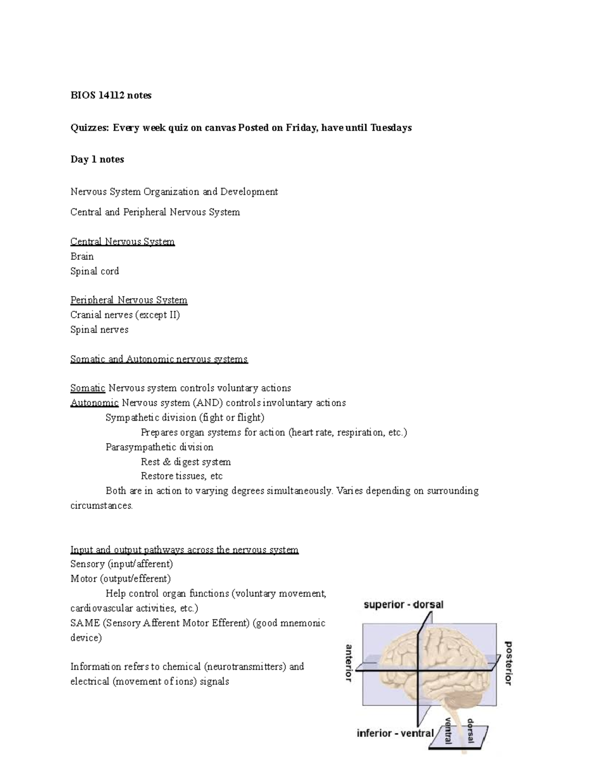BIOS 14112 lecture notes - BIOS 14112 notes Quizzes: Every week quiz on ...