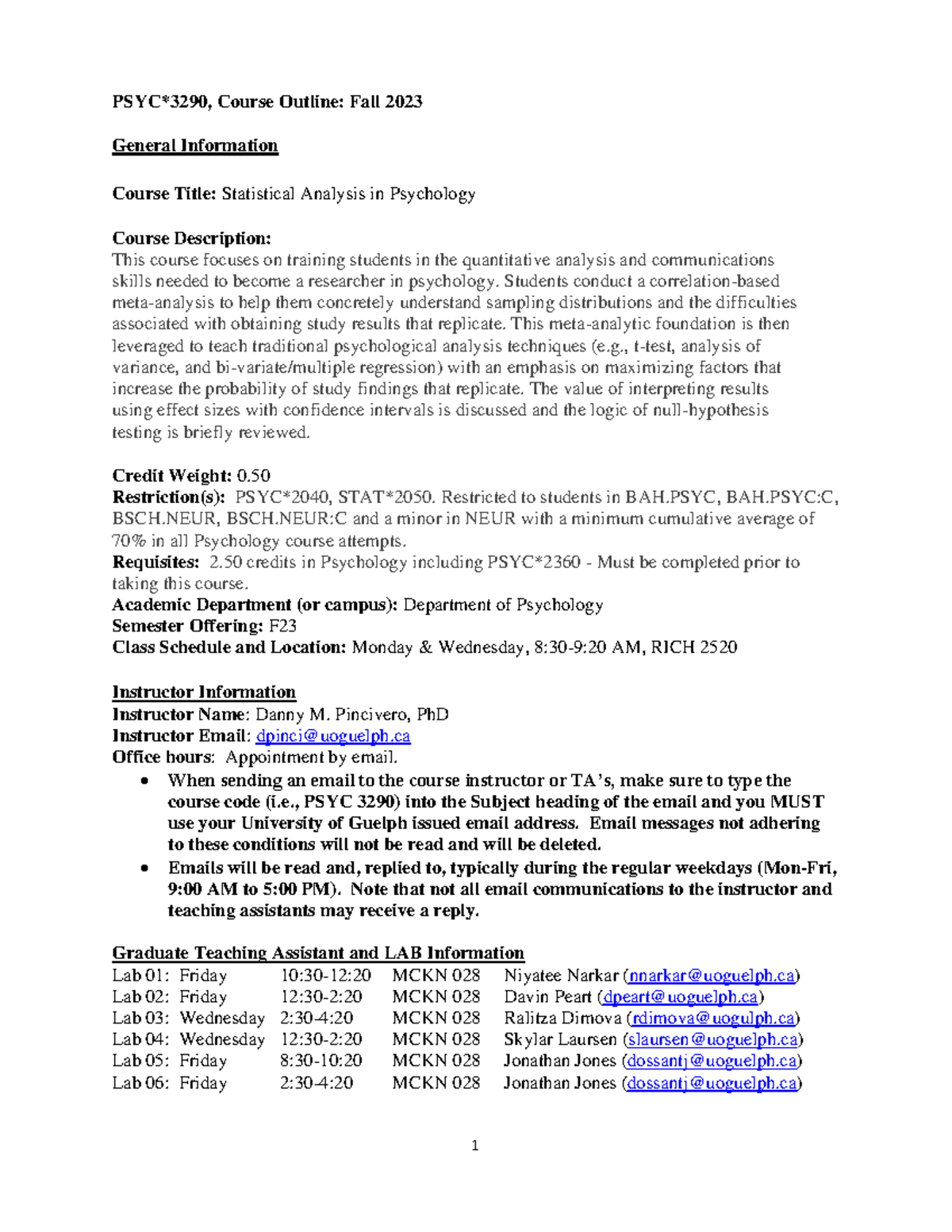 PSYC 3290 Course Outline - F23 - PSYC*3290, Course Outline: Fall 2023 ...