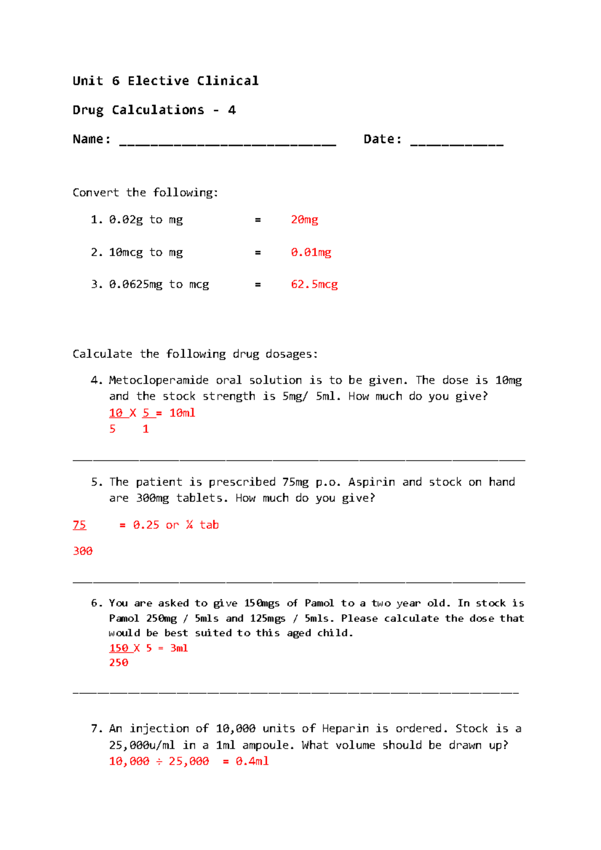 Drug calcs test 4 answers - Unit 6 Elective Clinical Drug Calculations ...