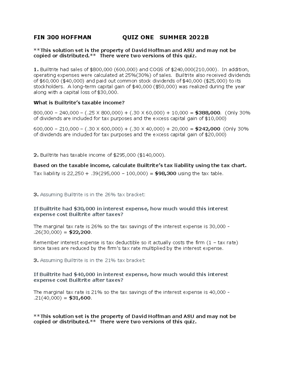 FIN 300 QUIZ 1 Summer 2022B - FIN 300 HOFFMAN QUIZ ONE SUMMER 2022B ...