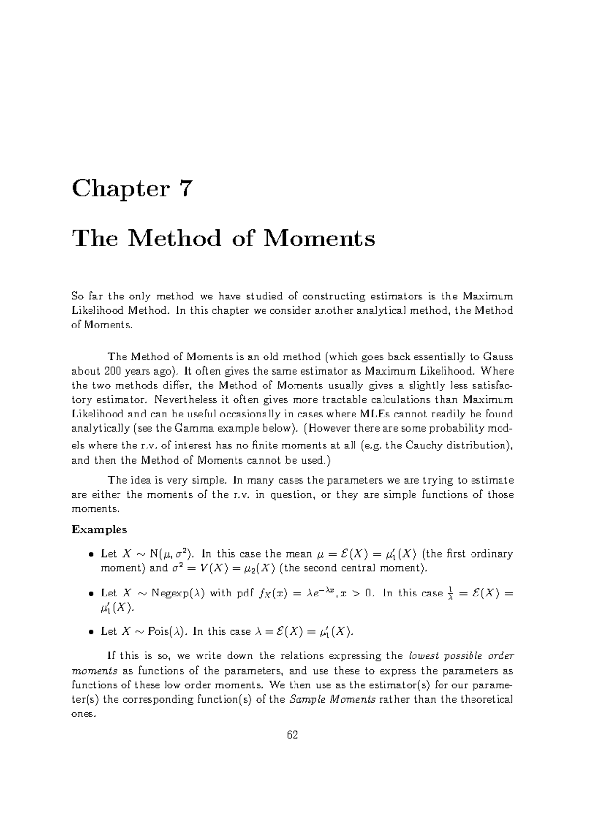7 Method of moments - Lecture notes 7 - Chapter 7 The Method of Moments ...