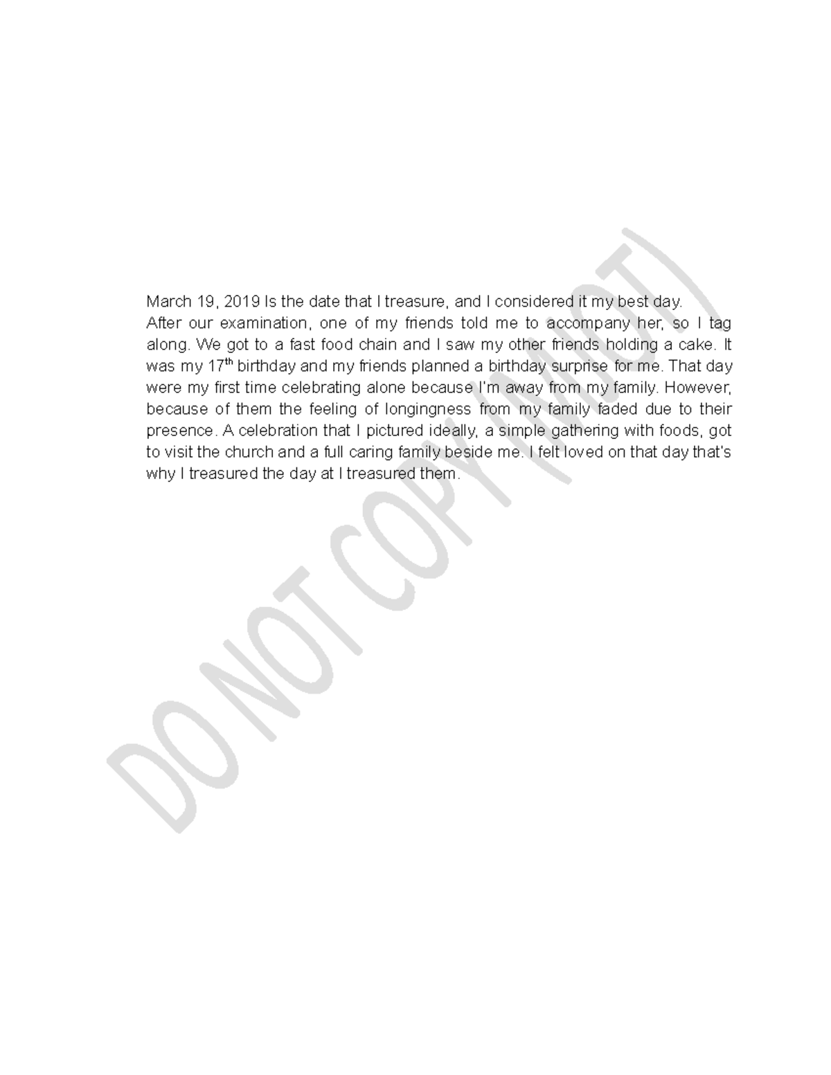 12 - Essay - March 19, 2019 Is the date that I treasure, and I ...
