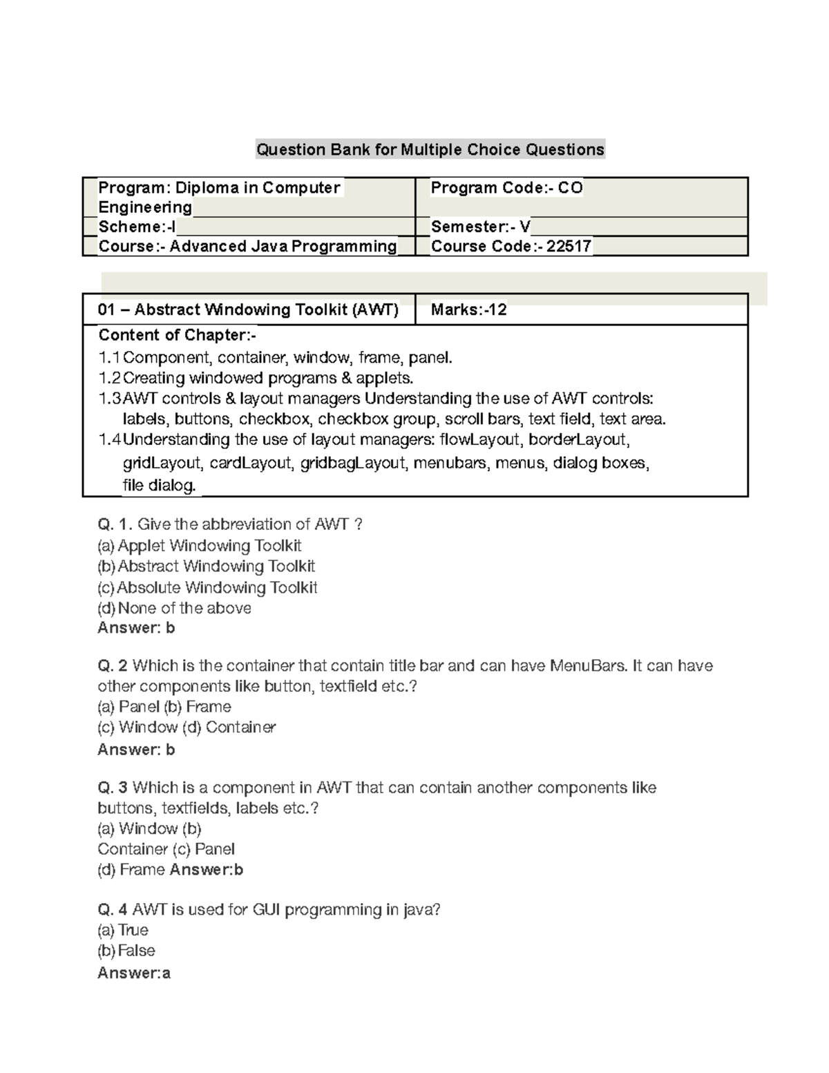 TY COMP Sem V AJP 22517 MCQs Bank - Question Bank for Multiple Choice ...