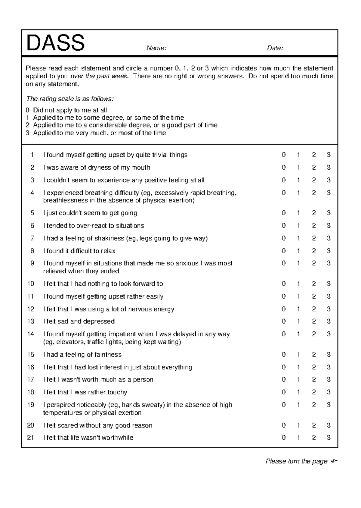 Dass42 - Test of DASS - DASS Name: Date: Please read each statement and ...