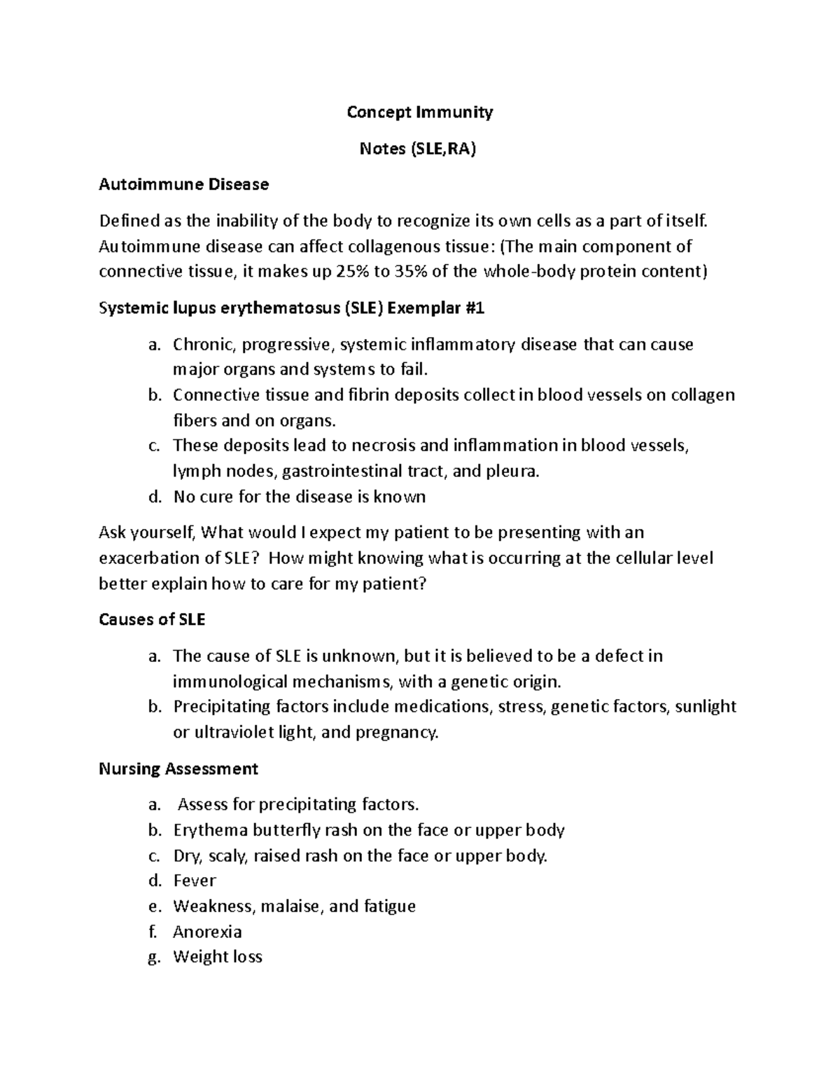 Immunity Part I Notes -1 - Concept Immunity Notes (SLE,RA) Autoimmune ...