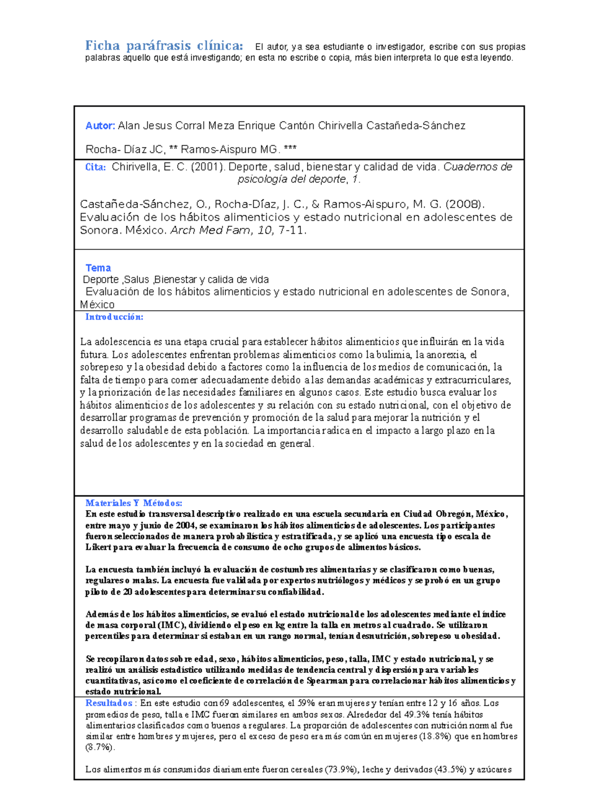Fichla cinila - ficha clinica - Autor: Alan Jesus Corral Meza Enrique ...