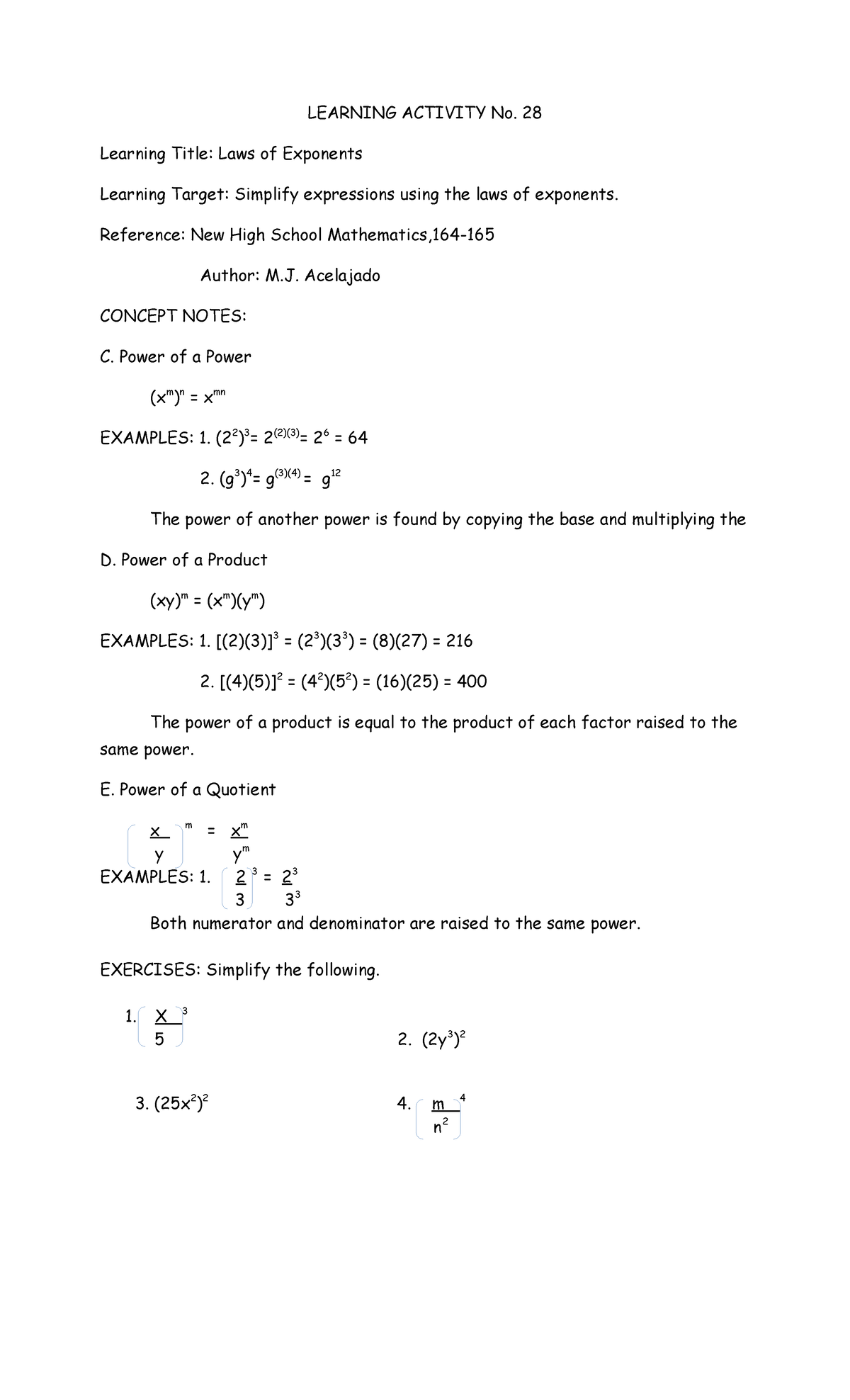 Learning Activity Sheet No. 28 (laws of exponents B) - LEARNING ...